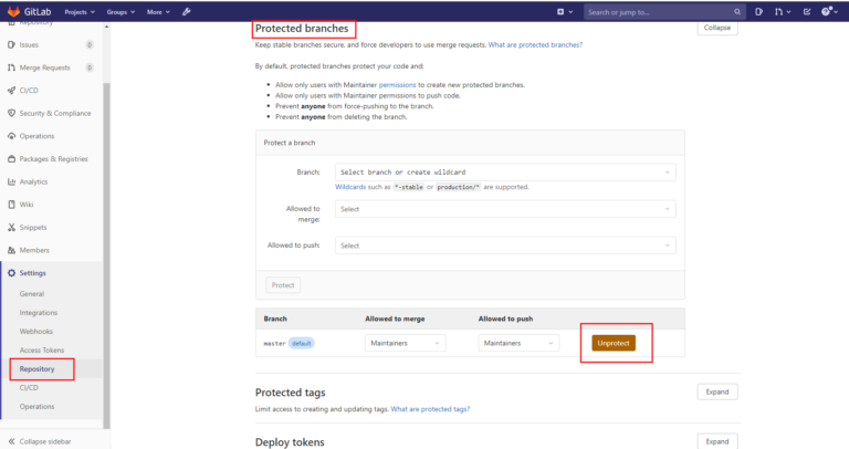 GitLabでdeveloper権限でpushできない protected branchを解除する方法 | urashita.com 浦下.com (ウラシタドットコム)
